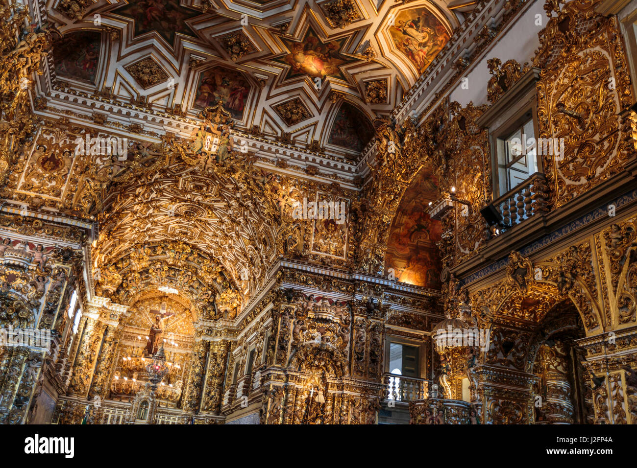 South America, Brazil, Salvador. Ornate gilded woodwork and religious ...