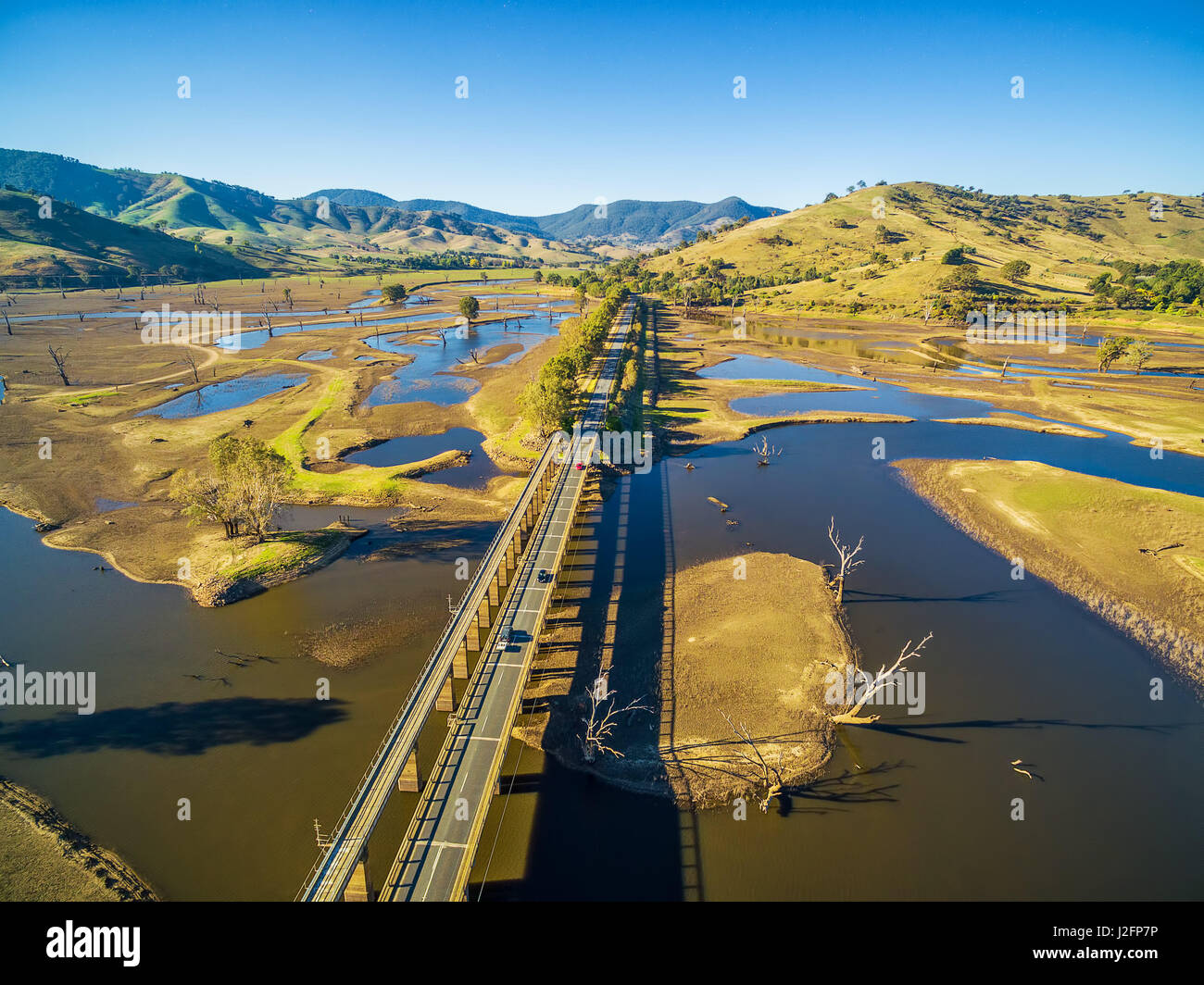 Aerial view of Murray Valley Highway and bridge over Lake Hume ...