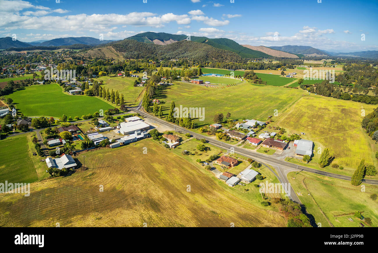 Austrtalian countryside aerial landscape near Myrtleford, Victoria ...