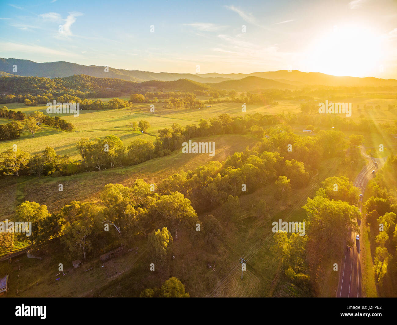 Beautiful sunset over Australian countryside - aerial landscape Stock ...