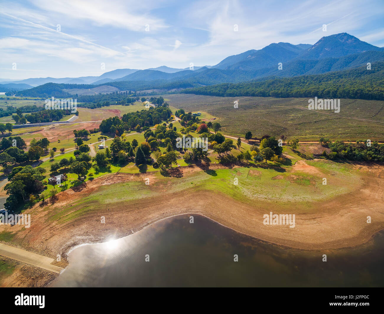 Aerial rural landscape Victoria Australia. Mount Buffalo and Lake ...