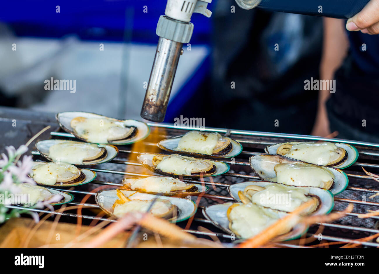 close up flame fire burn shell with cheese for serve Stock Photo - Alamy