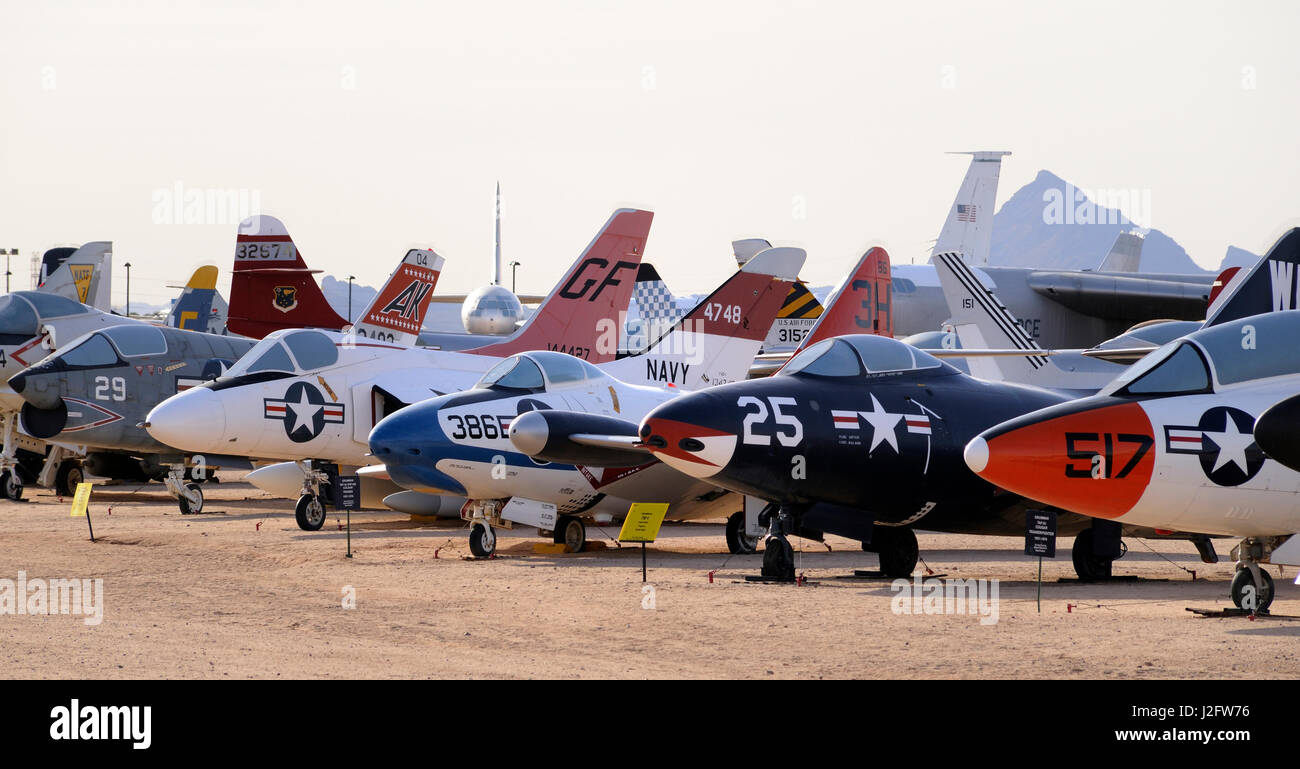 USA, Arizona, Tucson, PIMA Air and Space Museum. Row of fighter jets in ...