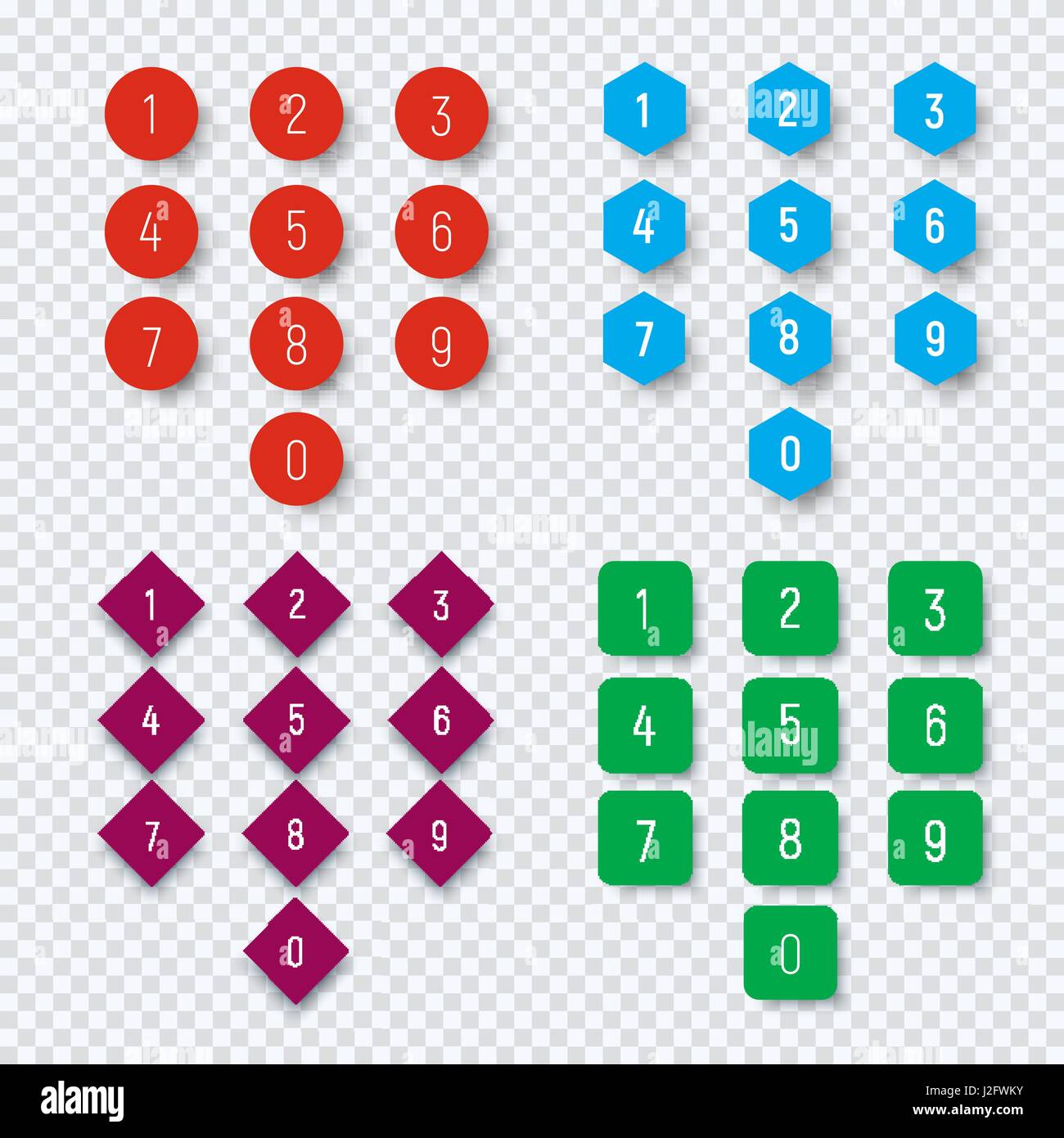 Numbers from 0 to 9 on a round, square, hexagonal and rhombic color ...