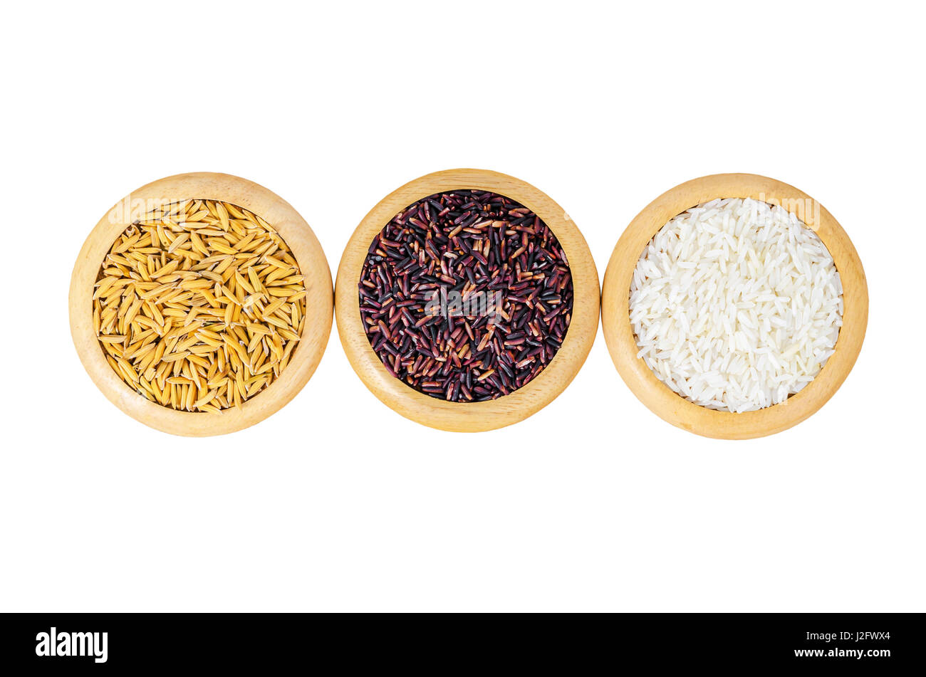The Different of set raw rice in wooden dish isolated on whie ...