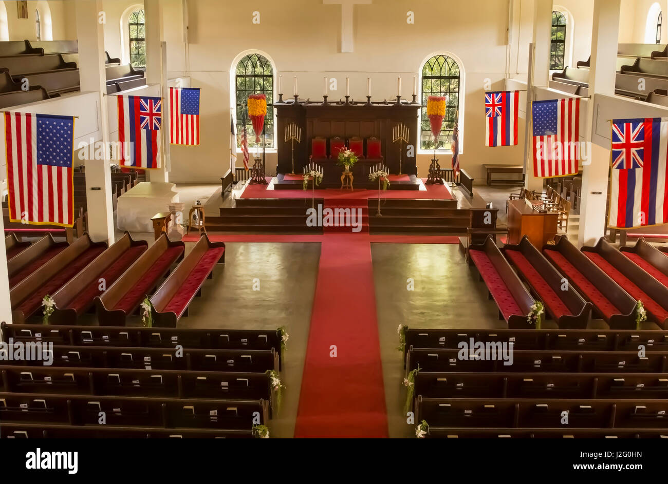 USA, Hawaii, Oahu, Honolulu. Historic Kawaiahao Church interior ...