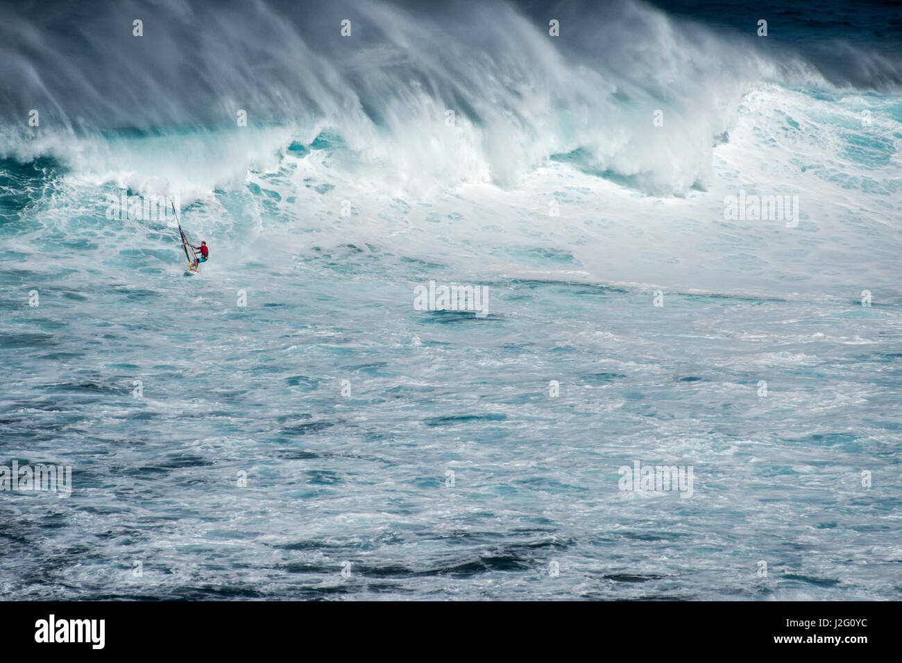 USA, Hawaii, Maui. Robby Naish windsurfing monster waves at Pe'ahi Jaws ...