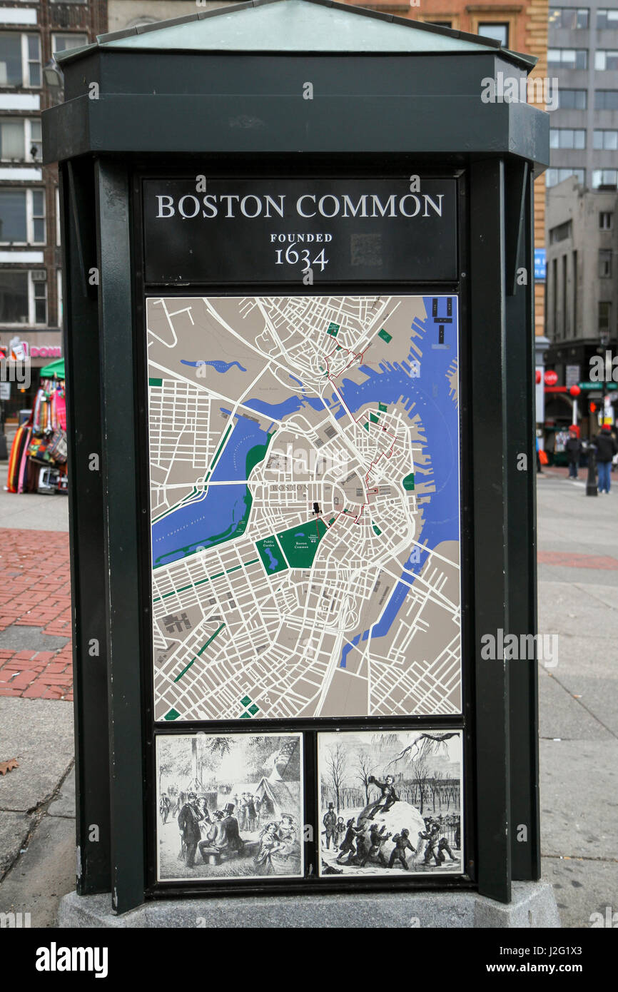 Map and historical drawings on a kiosk at Boston Common, Boston ...