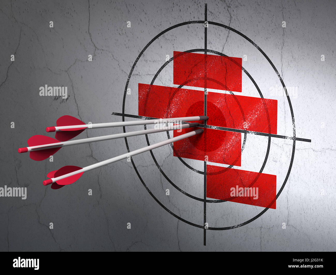 Construction concept: arrows in Bricks target on wall background Stock ...
