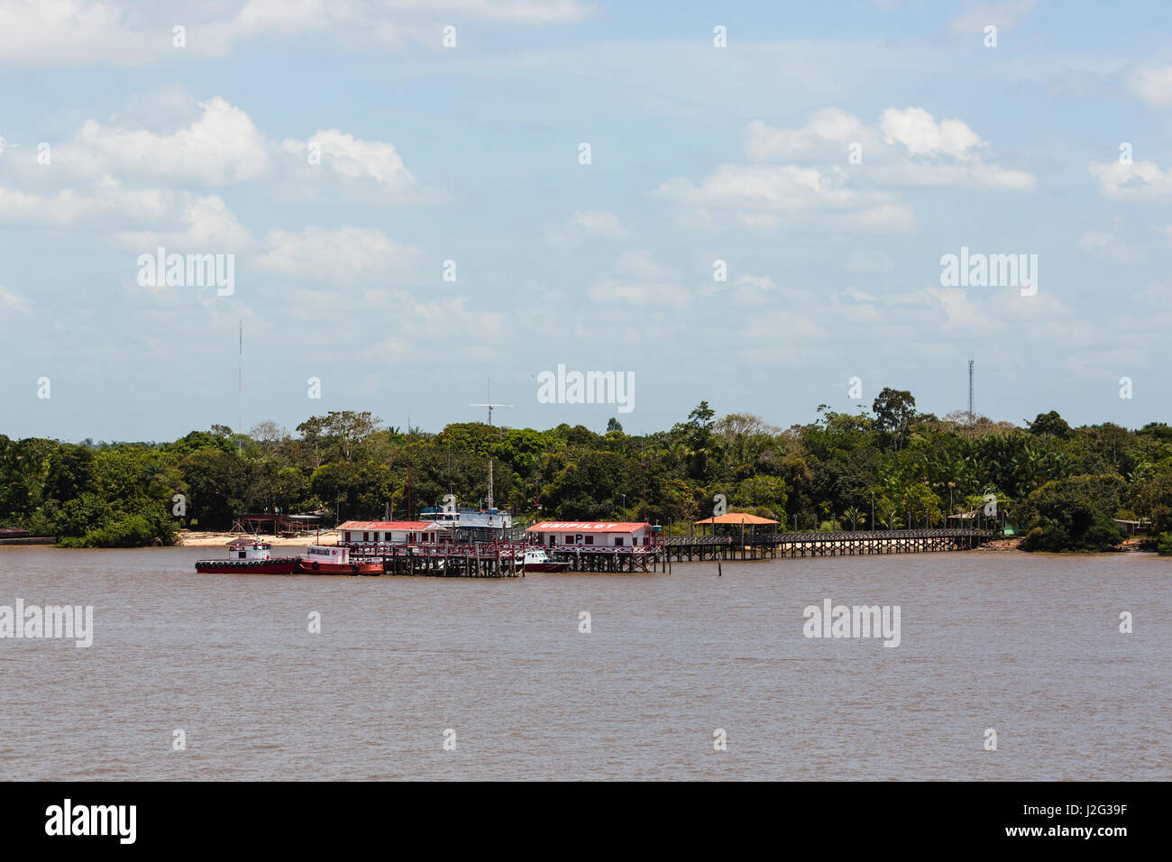 South America, Brazil, Amazon River. Dock and structures on river Stock ...