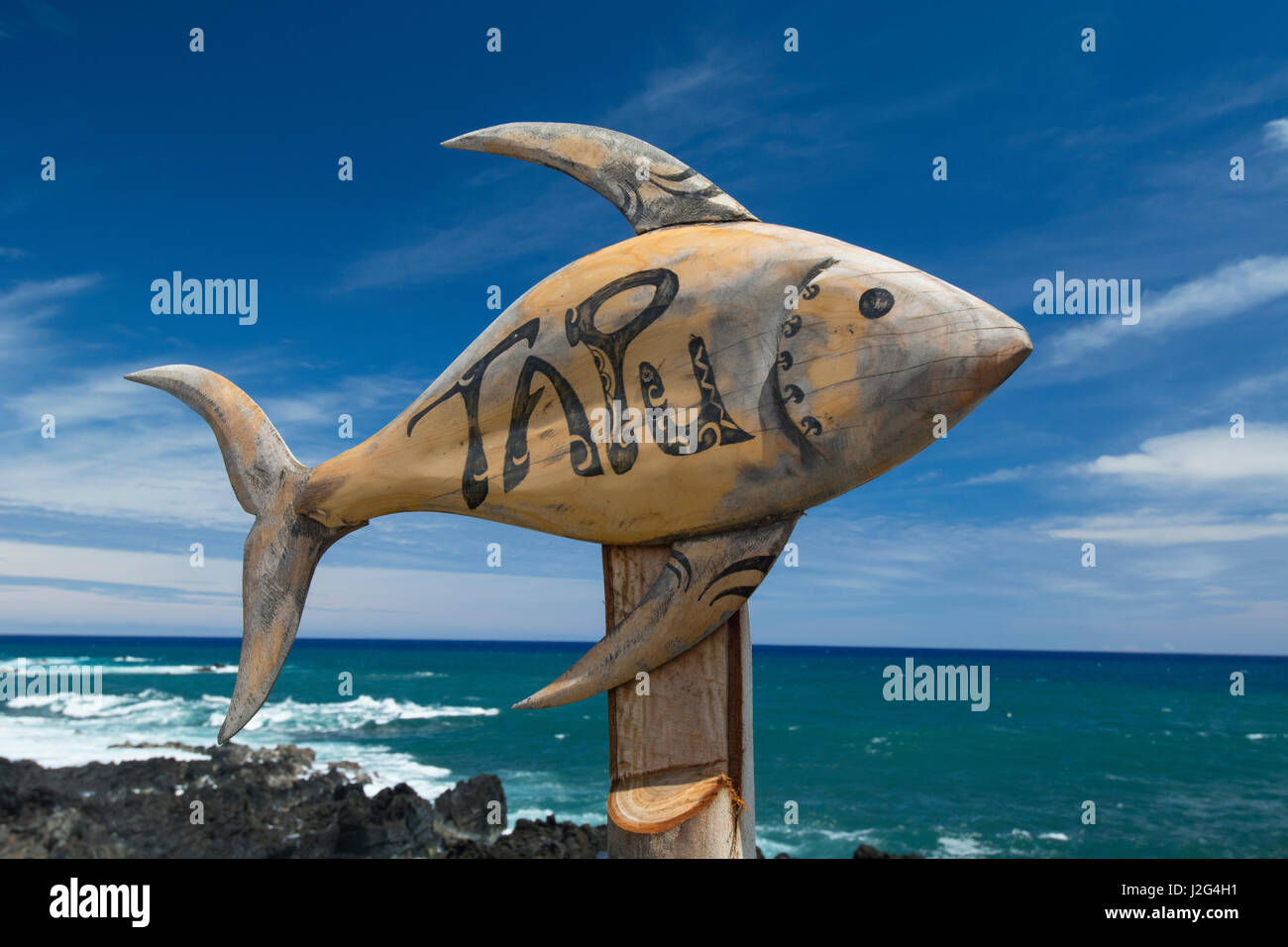 Chile, Easter Island aka Rapa Nui, Hanga Roa. Carved wooden fish 'tapu ...