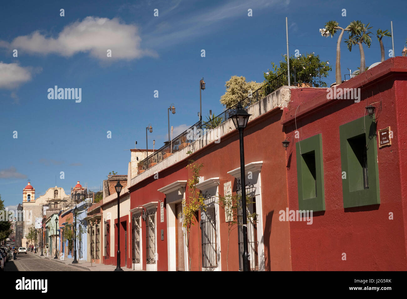 Mexico, Oaxaca Province, shops and restaurants on street with Spanish ...