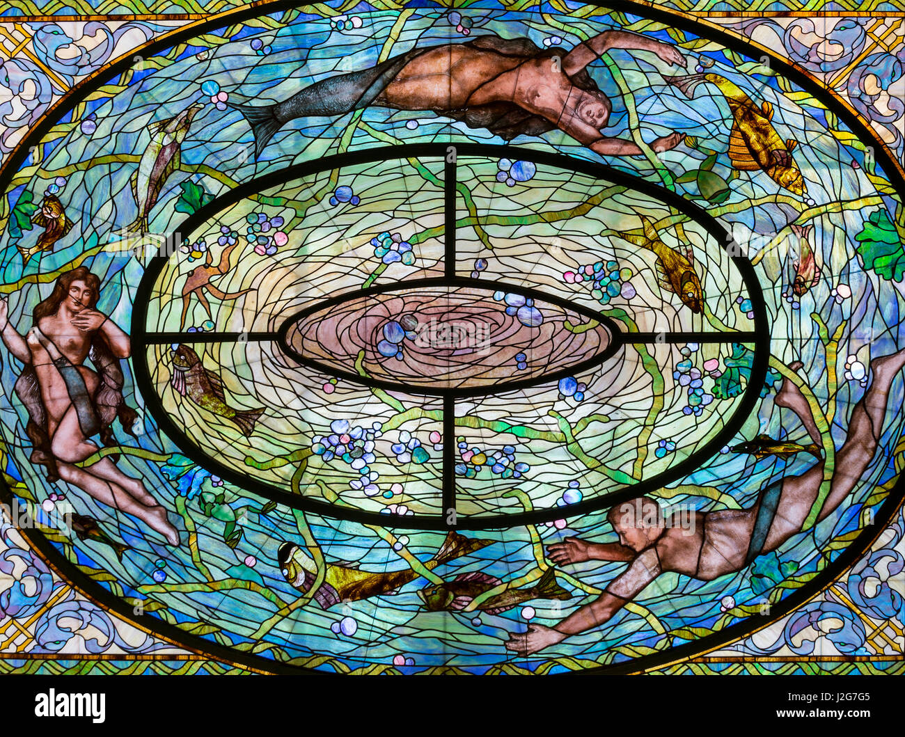 USA, Arkansas, Hot Springs. Stained glass ceiling at Fordyce Bath House ...