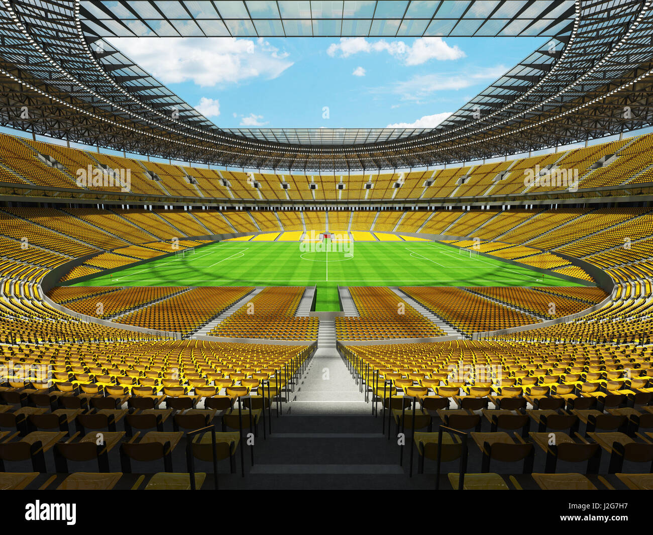 3D render of a round football - soccer stadium with yellow seats and ...