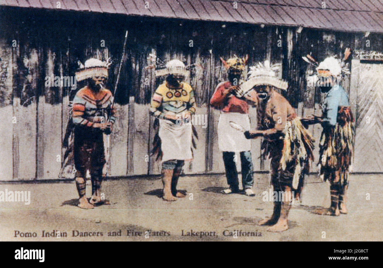 Historic 1906 photograph of a group of Pomo dancers and fire eaters ...