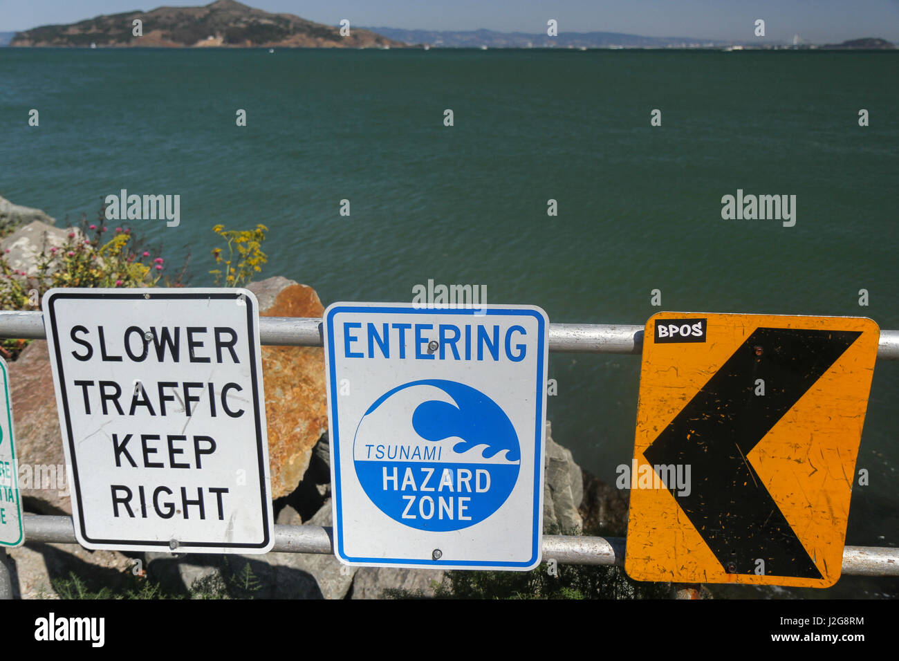 Signs between the water and the road in Sausalito, California, USA ...