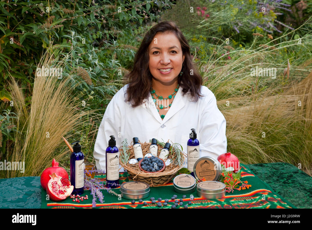 Native American woman, Jennifer Wolf (Ponca), dressed in a lab ...