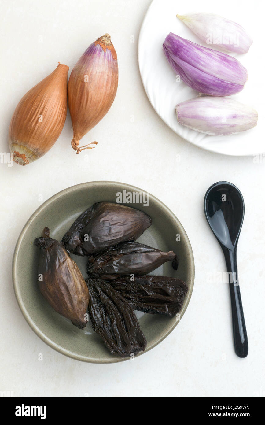 vertical shot of organic onions fermented in a ceramic dish with raw ...
