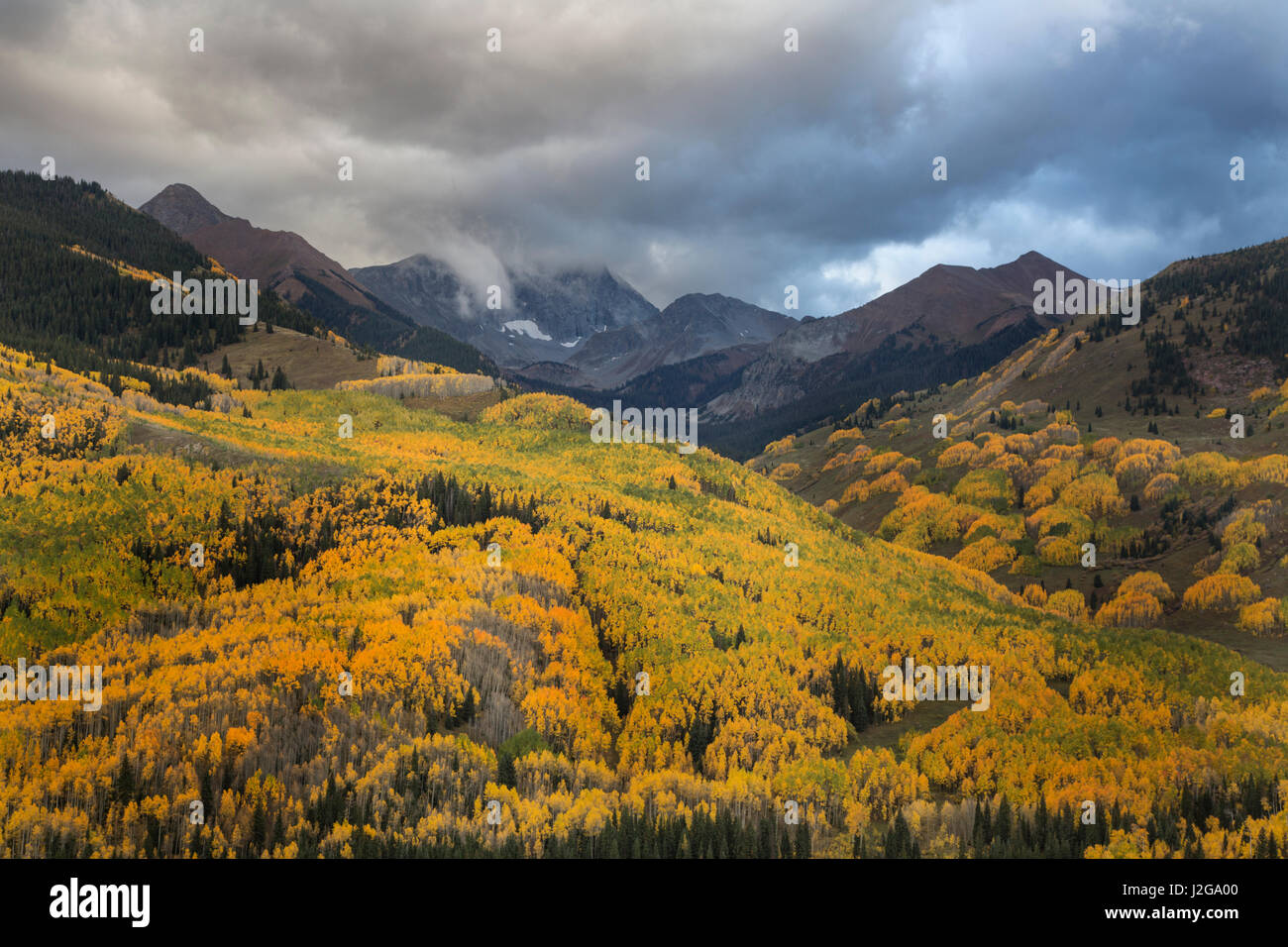 USA, Colorado, White River National Forest. Autumn storm moves across ...