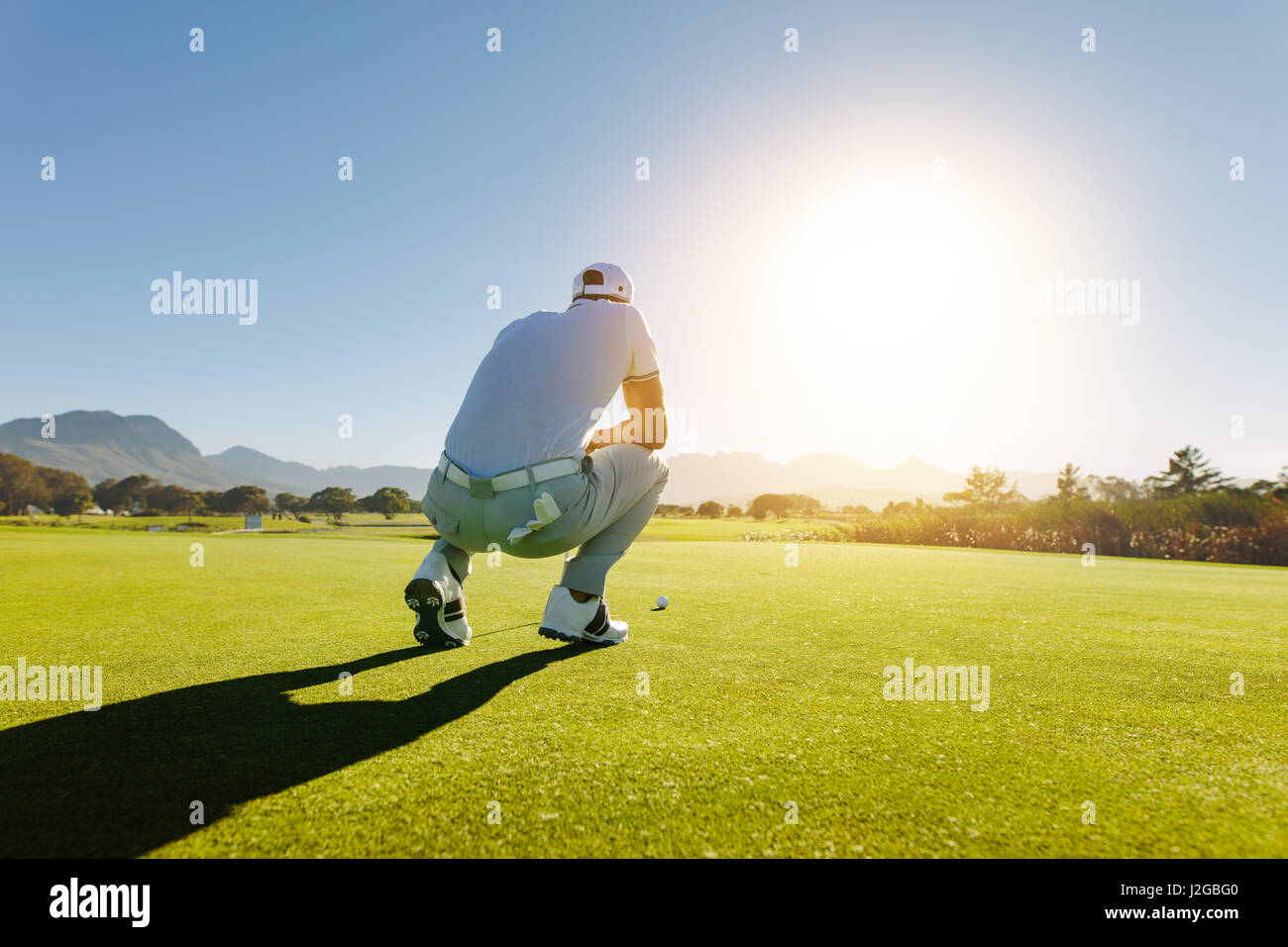 Rear view of golf player aiming shot on course. Pro golfer on field ...