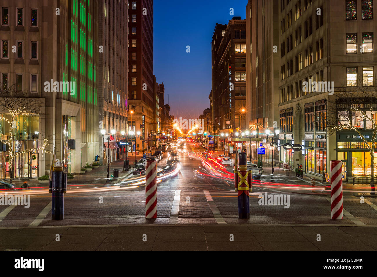 USA, Indianapolis, Indiana. View of downtown buildings and lights ...