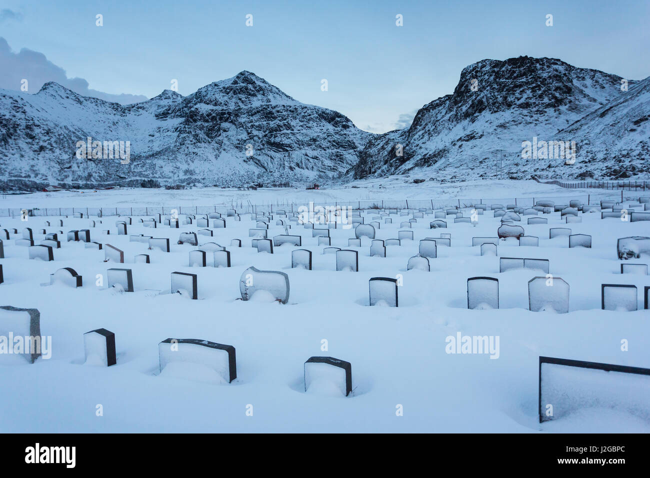 The old cemetery of Flakstad town in the Lofoten Islands in winter ...