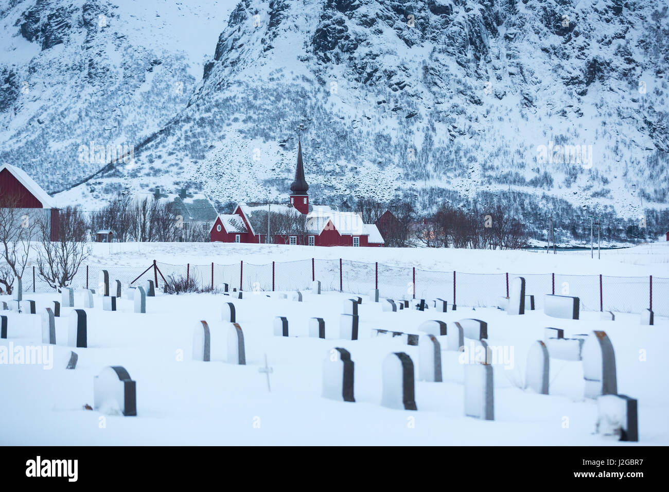 The old cemetery of Flakstad town in the Lofoten Islands in winter ...