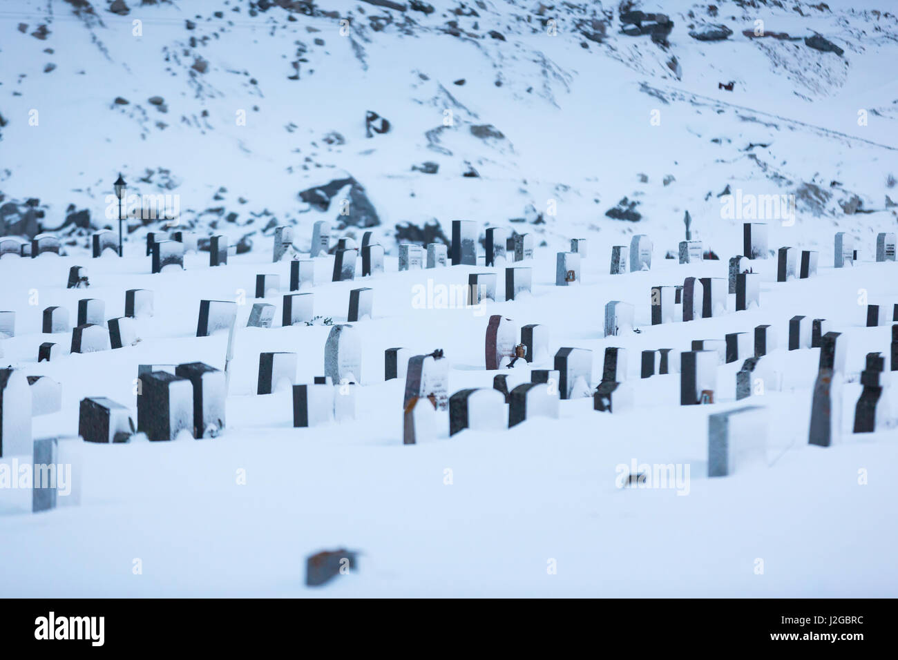 The old cemetery of Flakstad town in the Lofoten Islands in winter ...