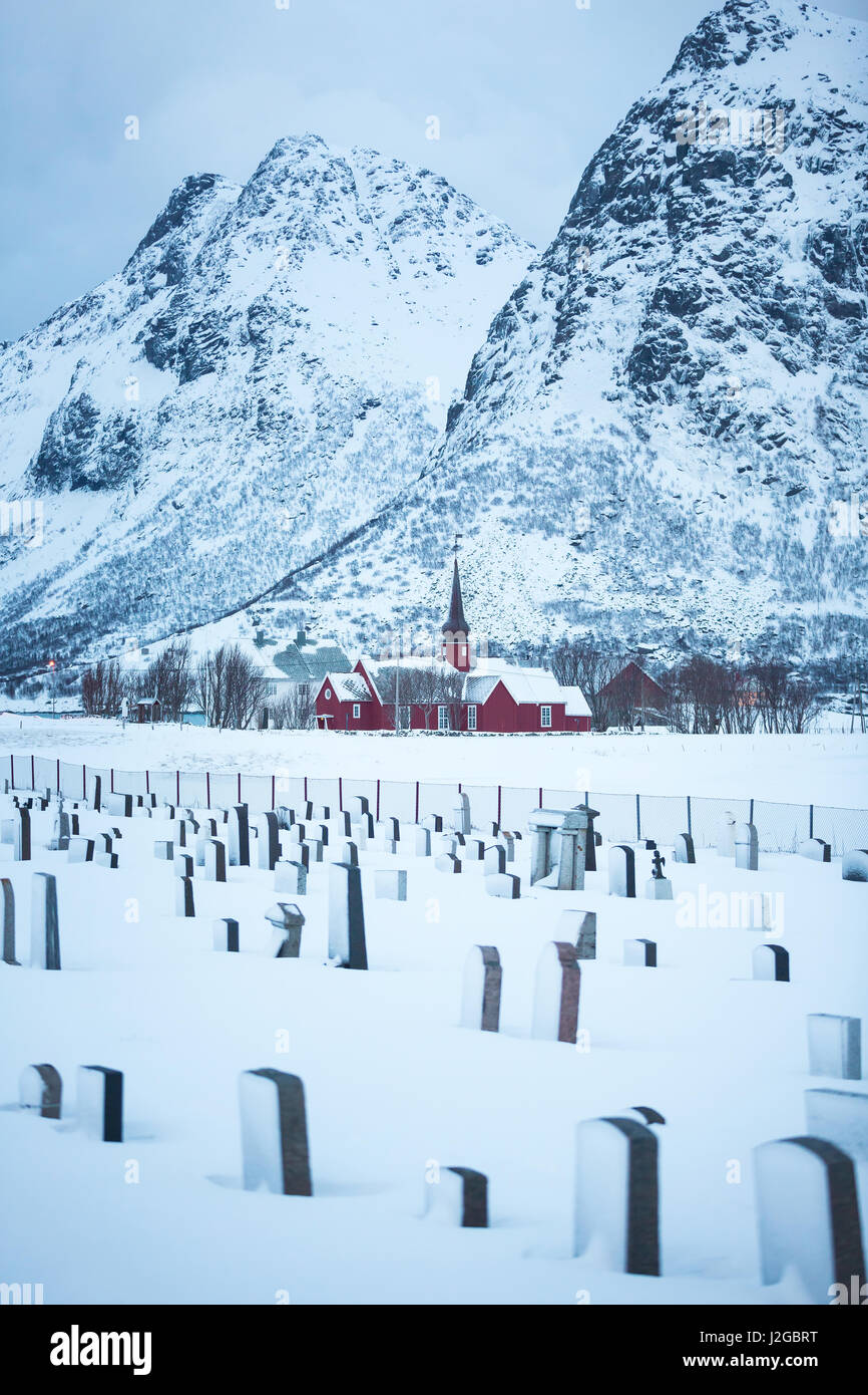 The old cemetery of Flakstad town in the Lofoten Islands in winter ...