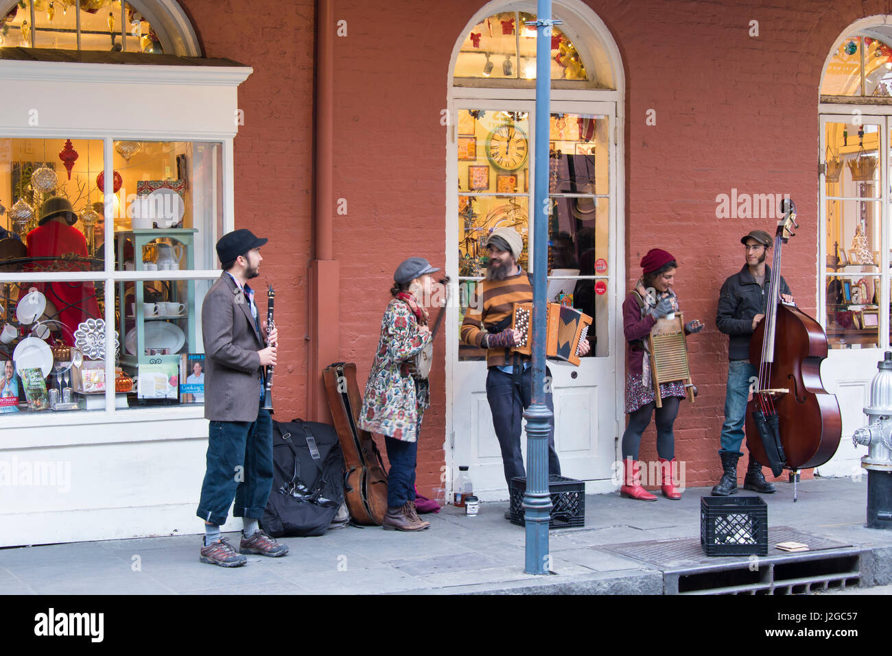 US, LA, New Orleans French Quarter. Buskers perform for tips in front ...