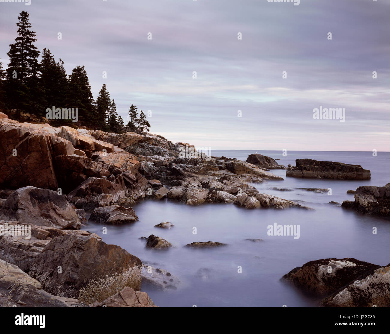 USA, Maine, Acadia National Park, The rocky shoreline along the ...