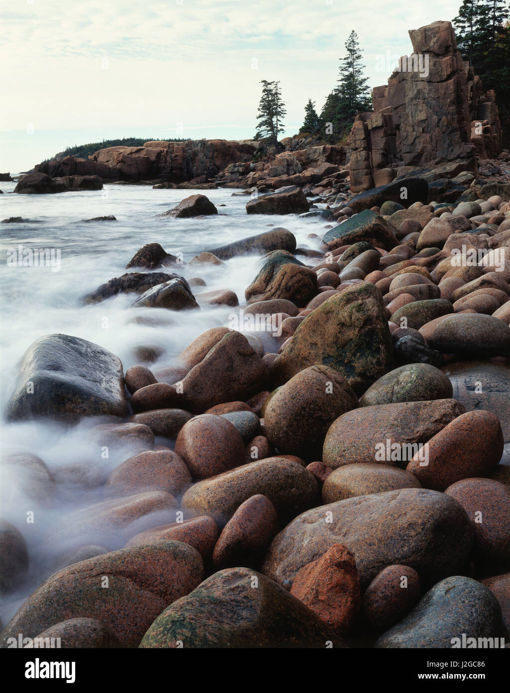 USA, Maine, Acadia National Park, The rocky shoreline along the ...
