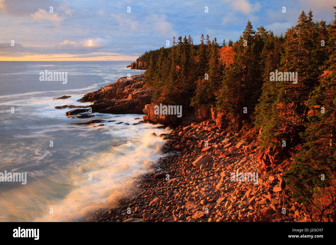 USA, Maine, Acadia National Park, Ocean waves breaking on rocks along ...