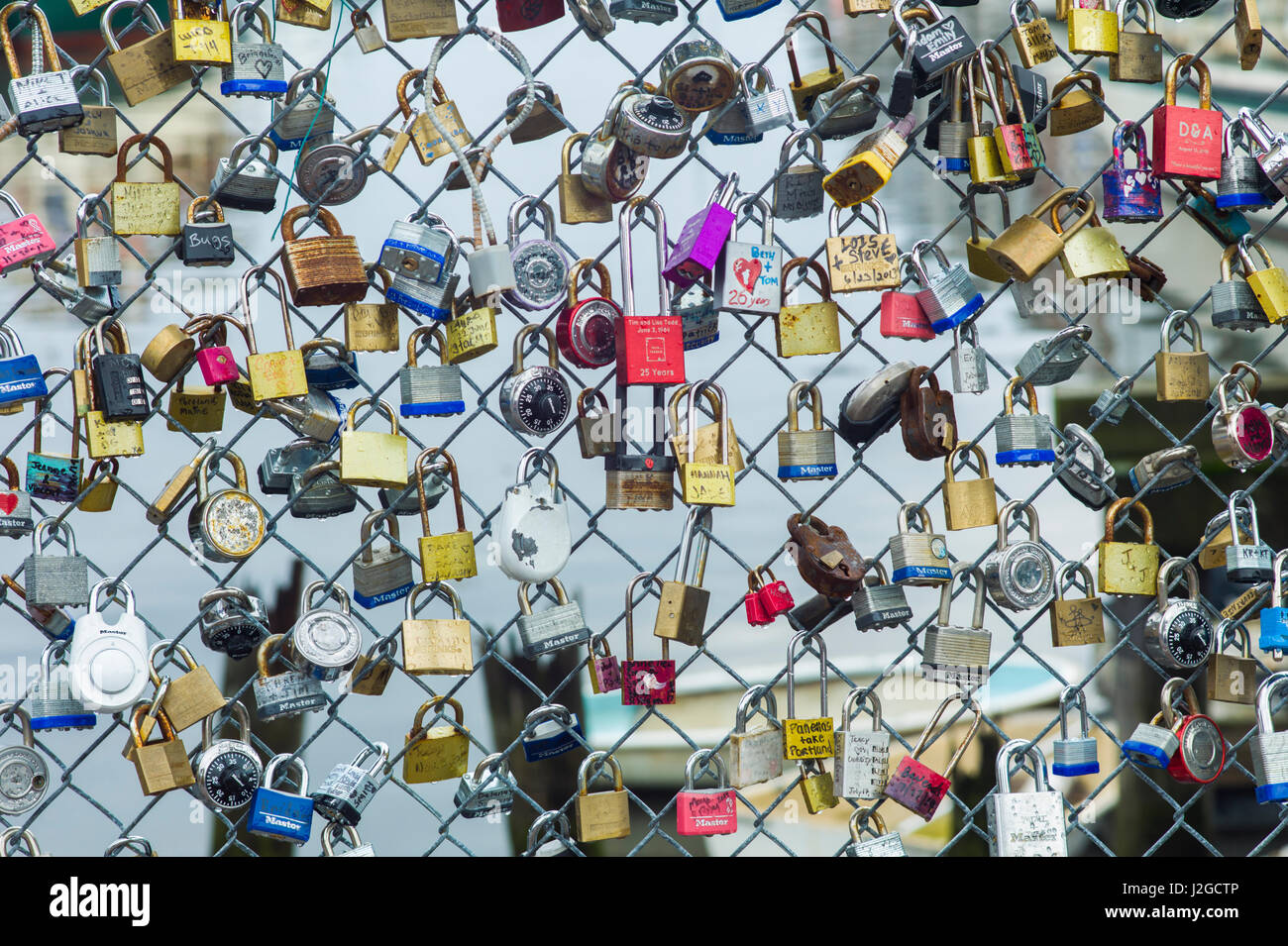 USA, Maine, Portland, Portland waterfront, love locks on fence Stock ...