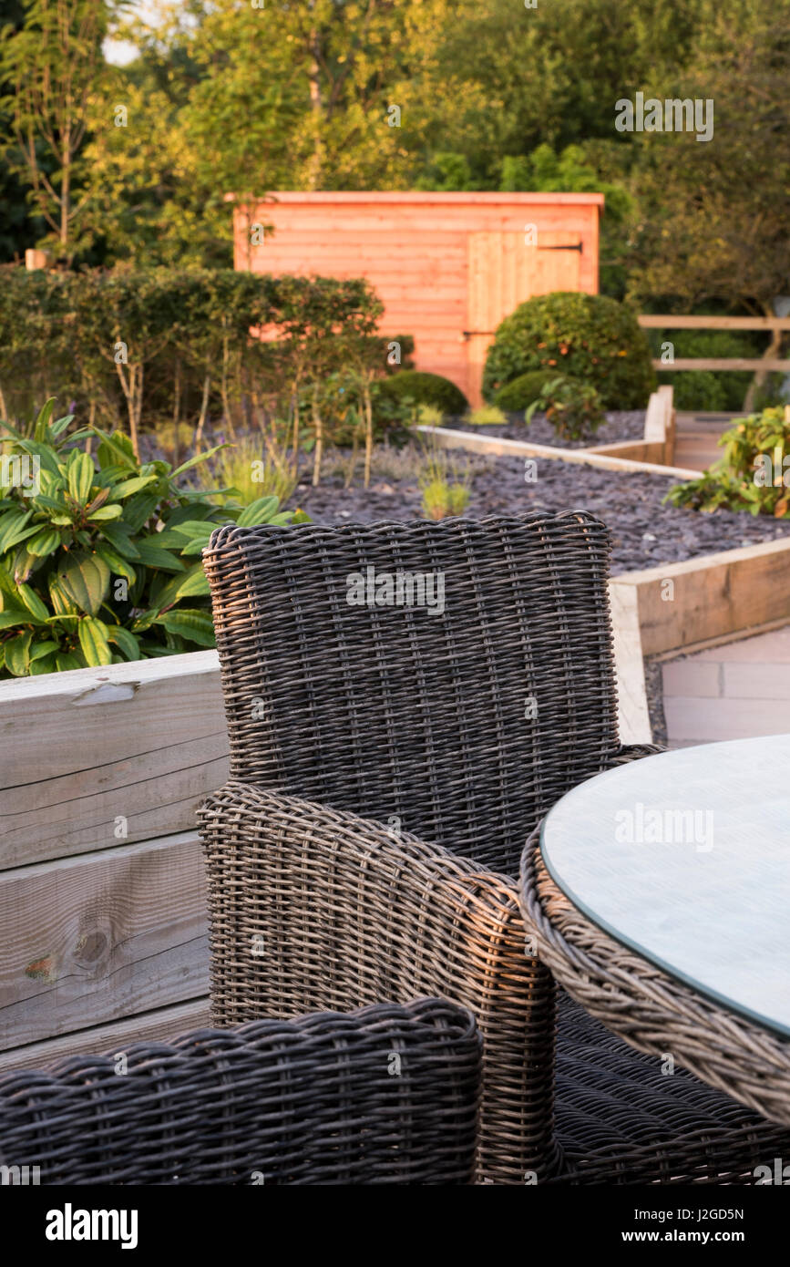 Private, contemporary landscaped, garden, England, UK - close-up of ...