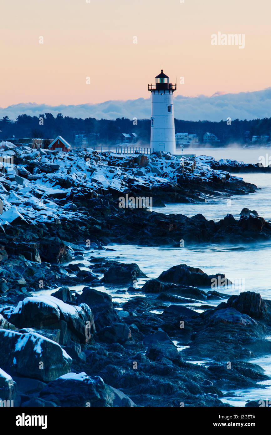 Portsmouth Harbor lighthouse in New Castle, New Hampshire. Dawn. Winter ...