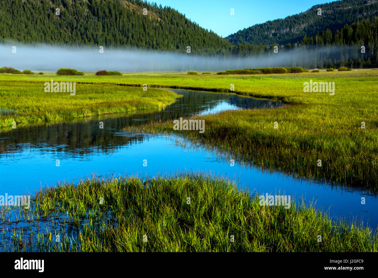 USA, Oregon, Sparks Lake. Misty landscape. Credit as: Jay O'Brien ...