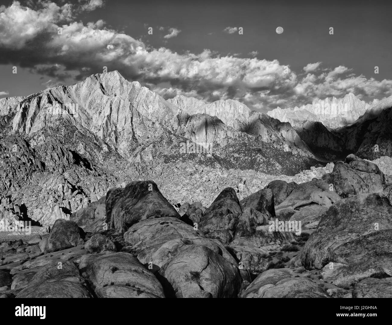 USA, California, Sierra Nevada Mountains. Moon above Mt Whitney. Credit ...