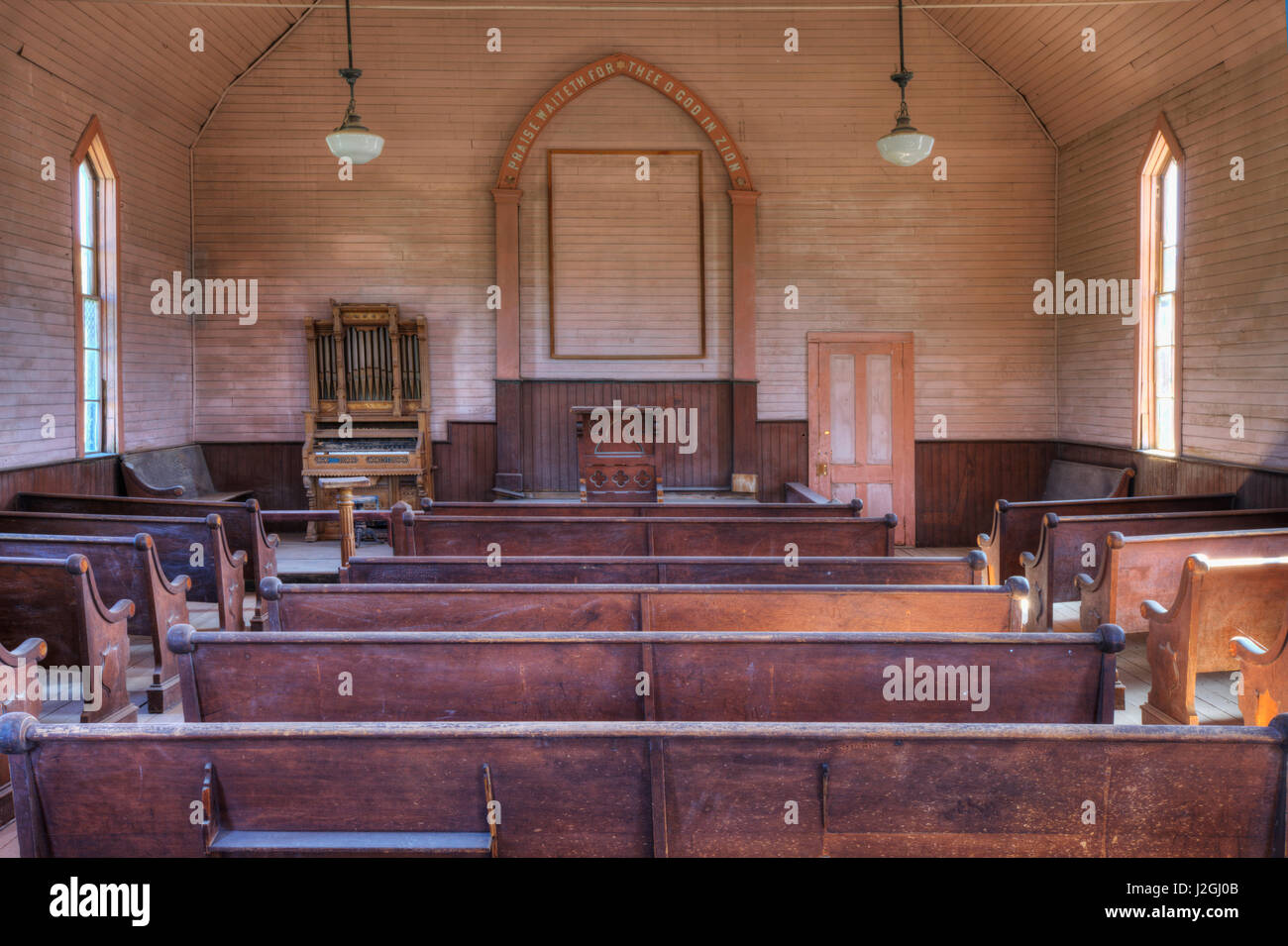 USA, California, Bodie State Historic Park. Inside abandoned Methodist Church. Credit as: Dennis ...