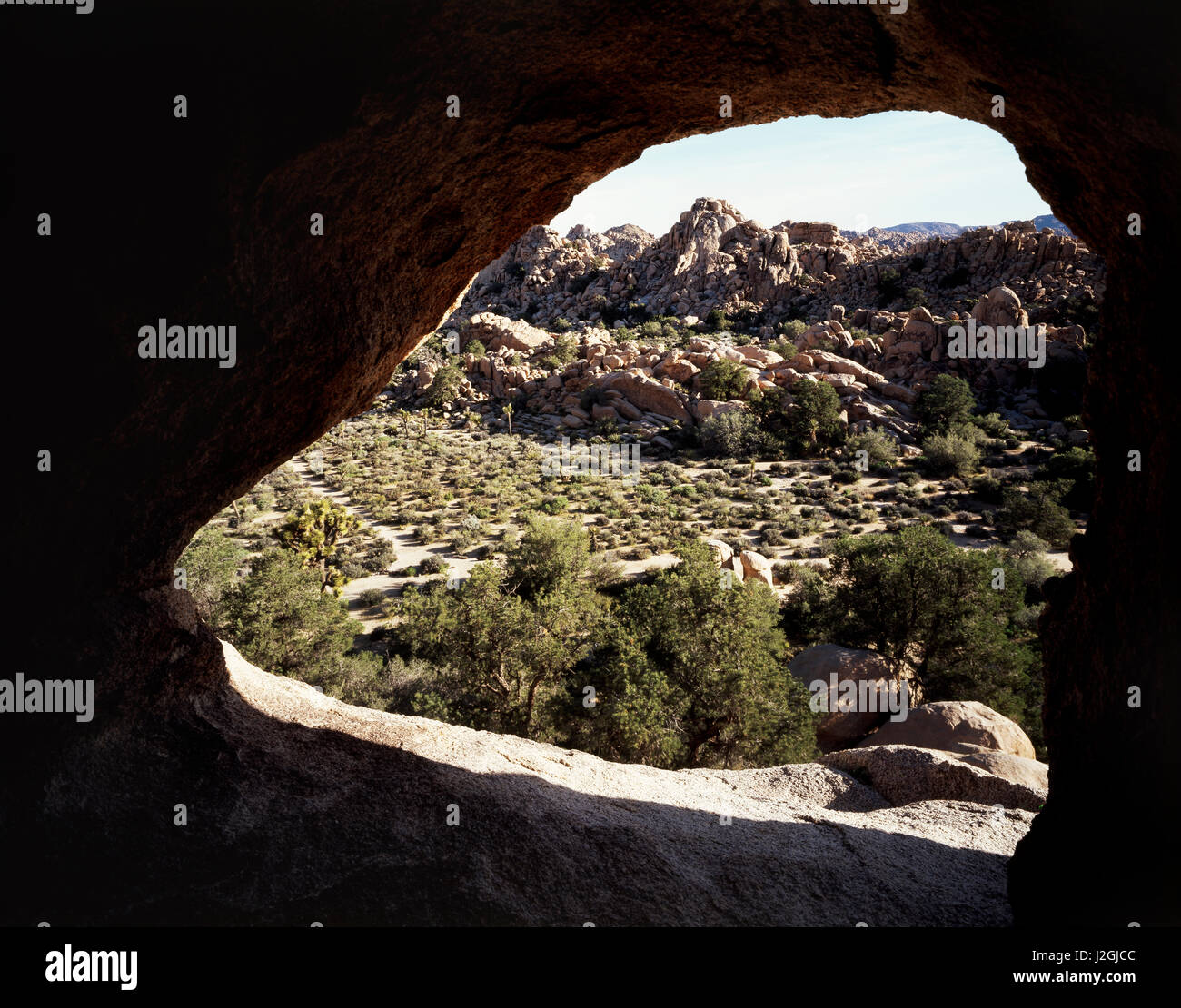 USA, California, Joshua Tree National Park, A view from a granite cave ...