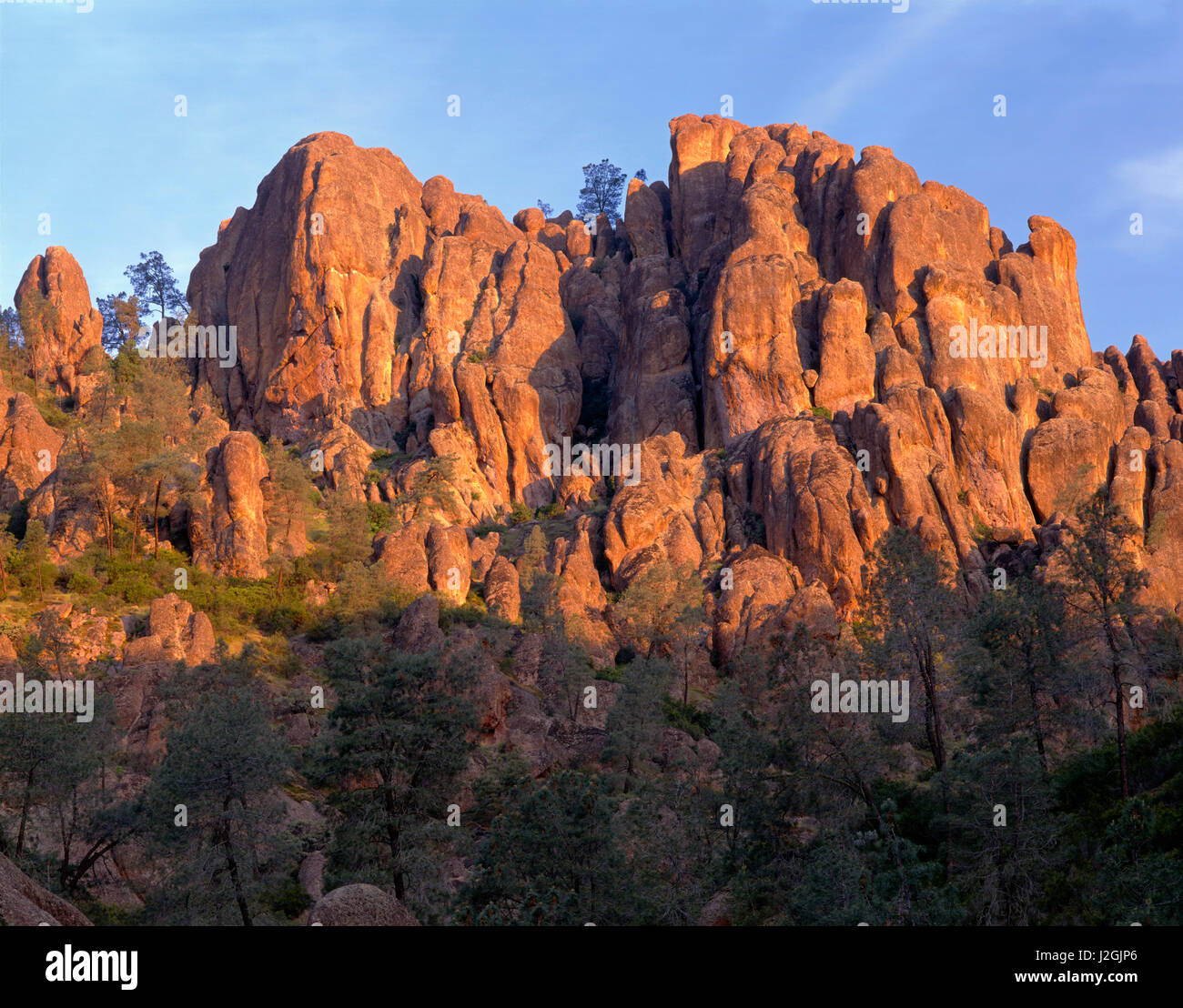 USA, California, Pinnacles National Park, Sunrise highlights spires and ...