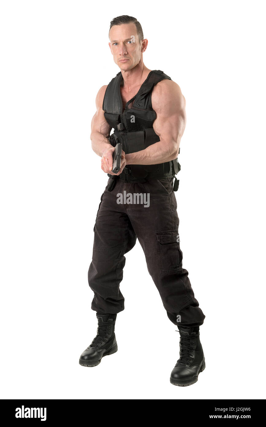 Man with tactical vest and gun isolated in white Stock Photo - Alamy