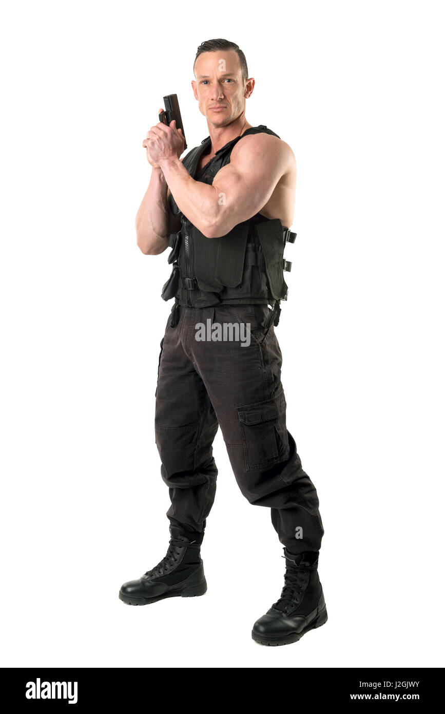 Man with tactical vest and gun isolated in white Stock Photo - Alamy