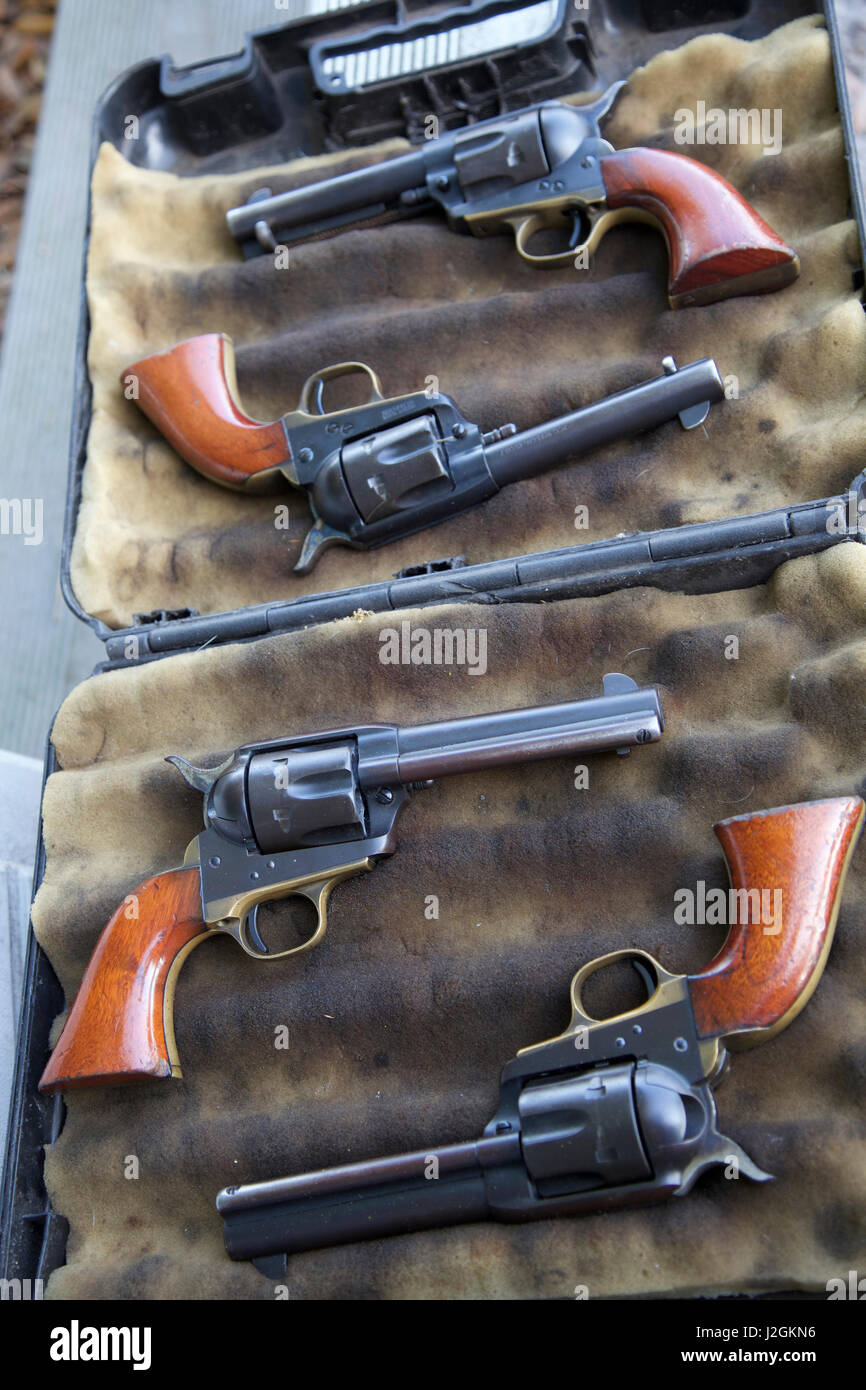 USA, Florida, Plant City, Guns on display for a Cowboy Mounted Shooting ...
