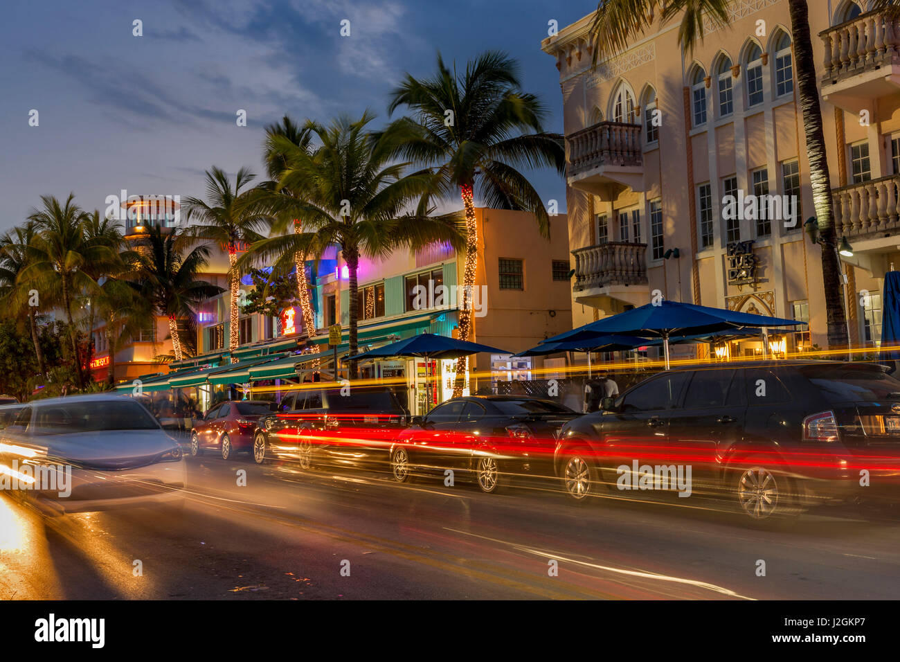 Dusk light on Ocean Drive in South Beach in Miami Beach, Florida, USA ...