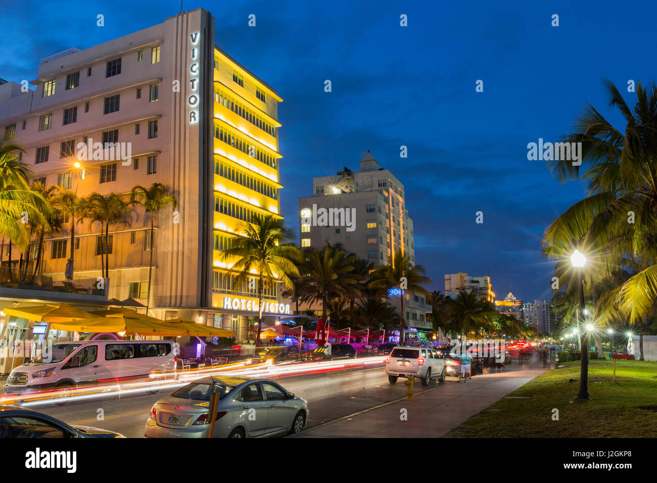 Dusk light on Ocean Drive in South Beach in Miami Beach, Florida, USA ...