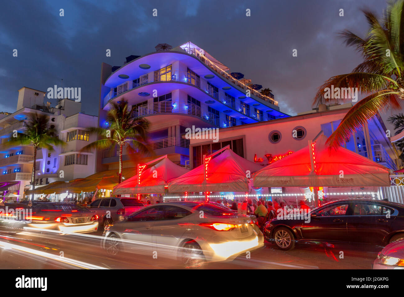 Dusk light on Ocean Drive in South Beach in Miami Beach, Florida, USA ...