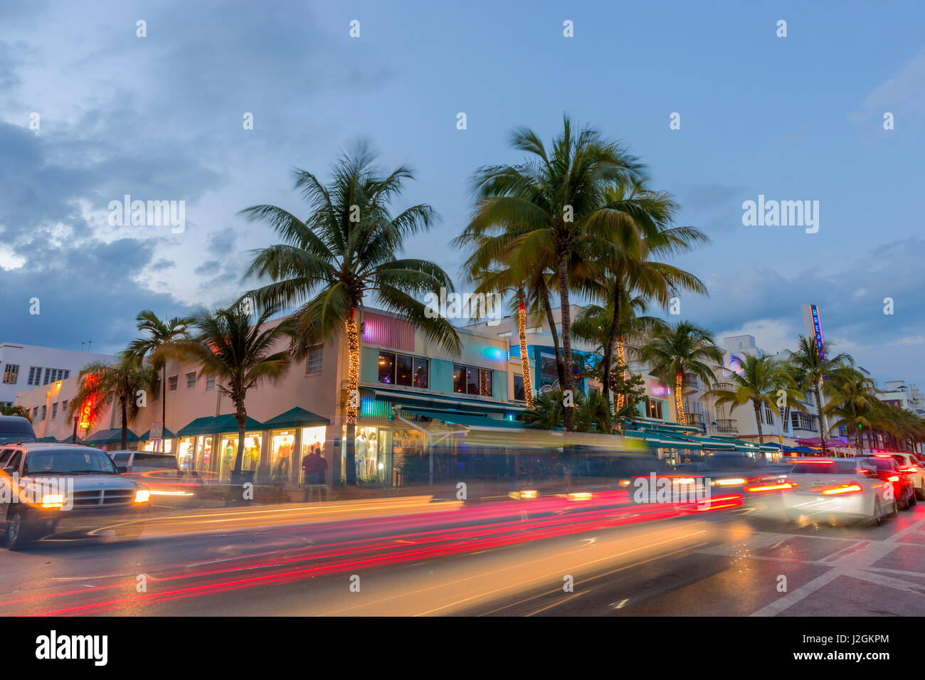 Dusk light on Ocean Drive in South Beach in Miami Beach, Florida, USA ...