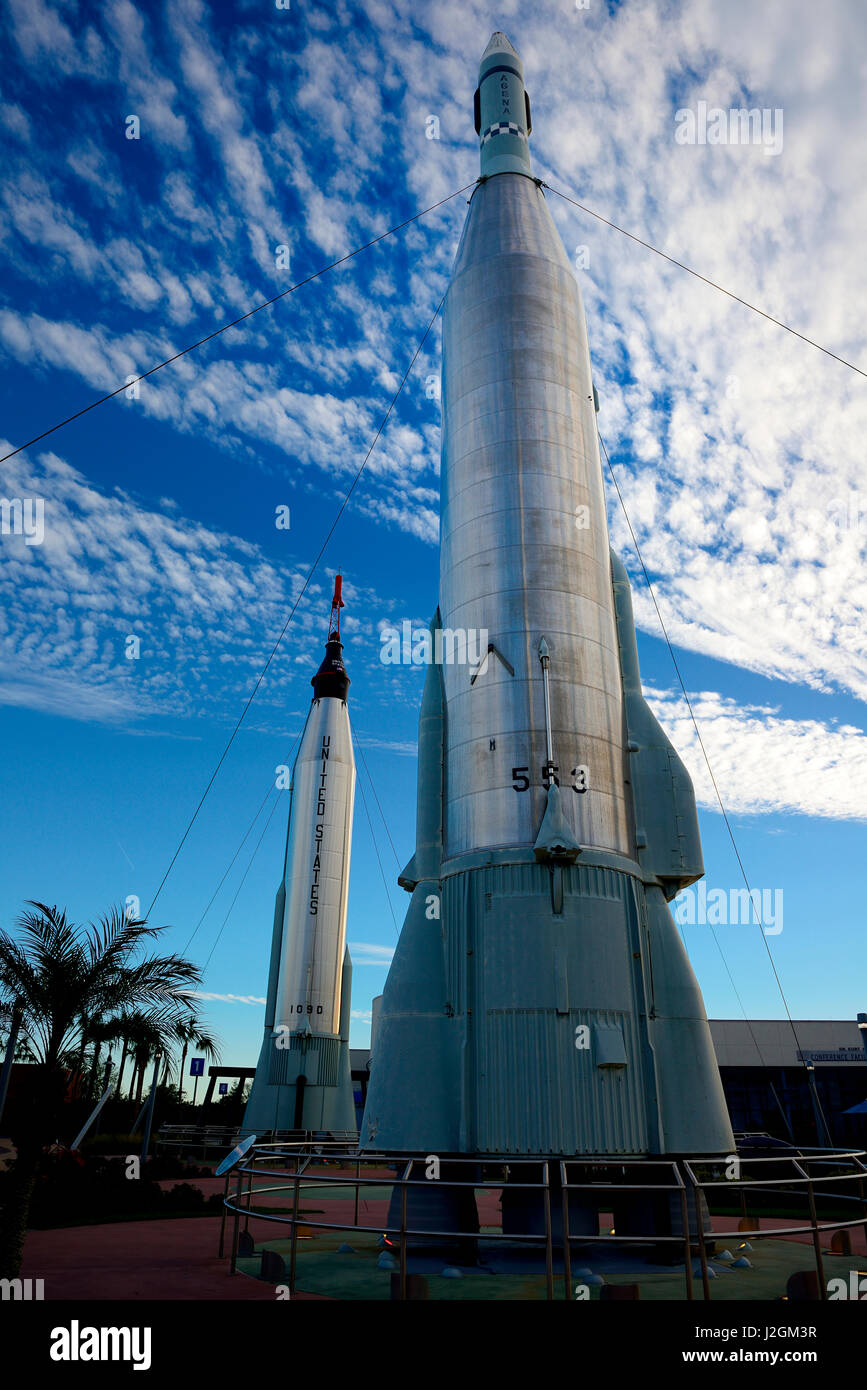 USA, Florida, Cape Canaveral, Kennedy Space Center. Rockets on display ...