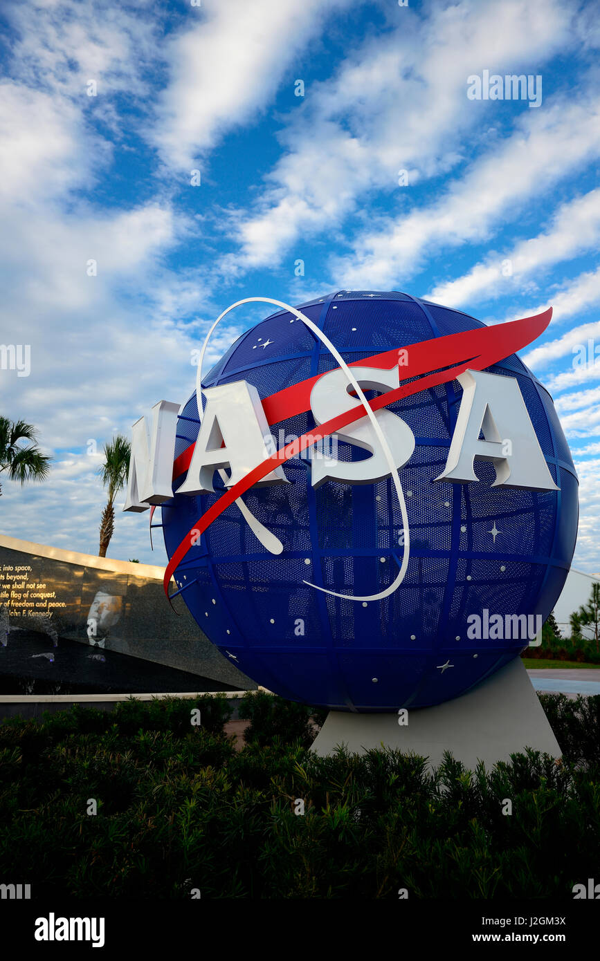 USA, Florida, Cape Canaveral, Kennedy Space Center. Entrance sign globe ...